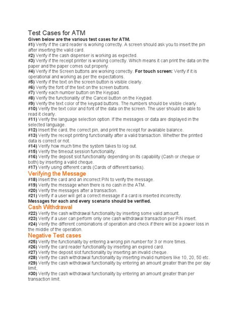 Test Cases For Atm Verifying The Message Pdf Automated Teller Machine Personal