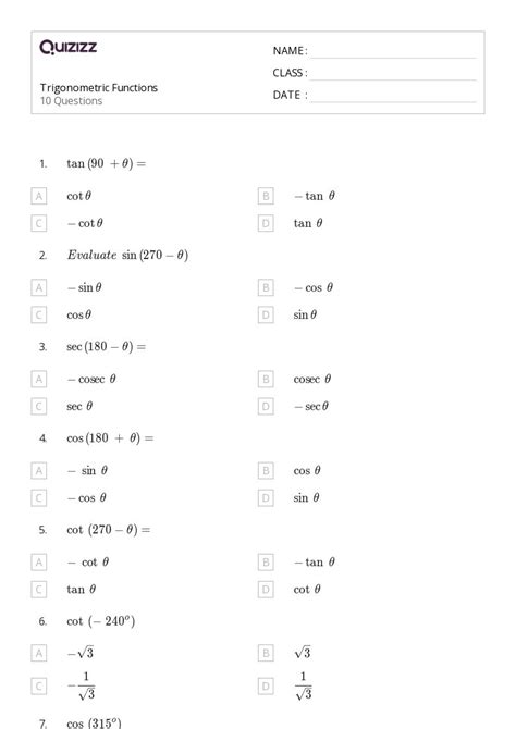 50 Derivatives Of Trigonometric Functions Worksheets On Quizizz Free And Printable