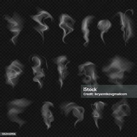 사실적인 연기 세트 곡선동적 안개 흐름 회색 투명 웨이브 스팀 공기 화재 불꽃 효과 자연에 대한 스톡 벡터 아트 및 기타 이미지