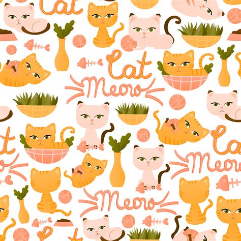 Seamless Pattern With Red And Light Beige Cat In Differenet Poses With Fish Or Clew House Seamless Pattern With Red And Light Beige Cat In Differenet Poses With Fish Or Clew House