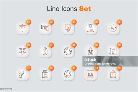 라인 선물 상자 파이 차트 인포 그래픽 전세계 배송 종이 쇼핑백 스캐너 스캔 바코드 스크린 노트북의 장바구니 판매자 및 아이콘