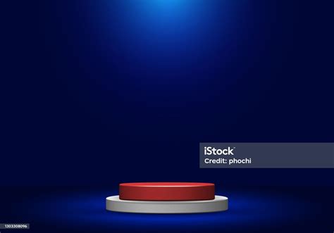 블루 스튜디오 룸 배경에 스포트라이트와 3d 현실적인 흰색과 빨간색 둥근 모양 받침대 파란색에 대한 스톡 벡터 아트 및 기타 이미지 파란색 가정의 방 강단 Istock