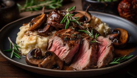 Grilled Gourmet Steak With Edible Mushroom Fresh Vegetable And Herb Generated By Ai Stock