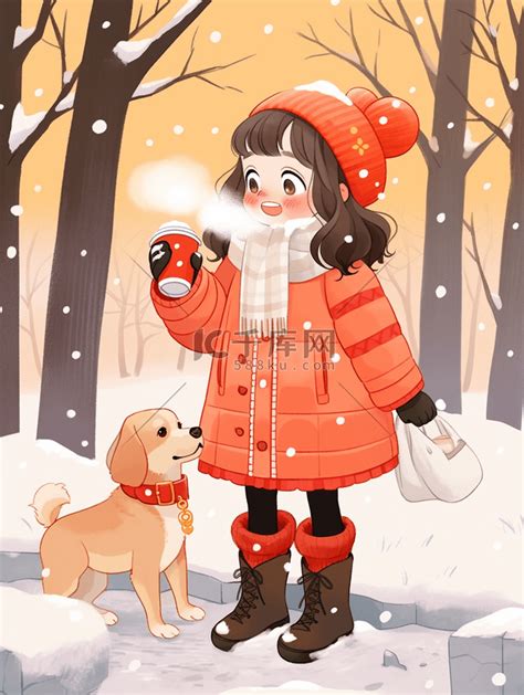 冬天下雪可爱女孩咖啡手绘元素插画图片 千库网