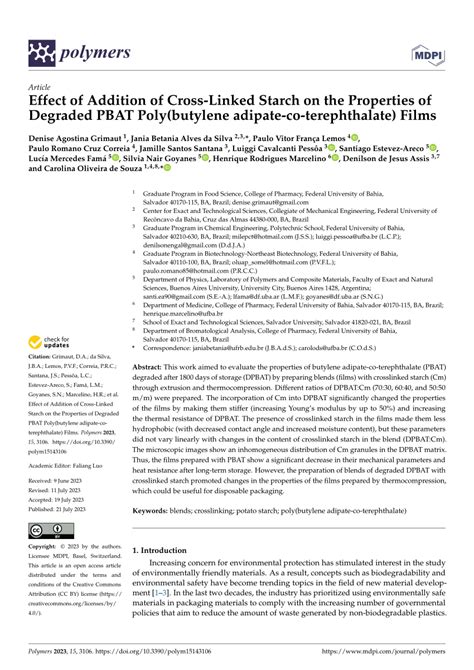 Pdf Effect Of Addition Of Cross Linked Starch On The Properties Of Degraded Pbat Poly Butylene