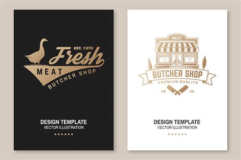 정육점 고기 가게 배지 또는 거위와 부엌 칼 라벨 벡터 빈티지 타이포그래피 로고 디자인 거위 부엌 칼 실루엣 육류 가게 시장 레스토랑 거위 고기에 대한 스톡 벡터 아트 및