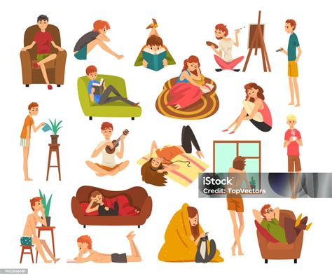 주말을 보내는 사람들 캐릭터 집에 머물면서 다른 활동에 종사 큰 벡터 세트 가정 생활에 대한 스톡 벡터 아트 및 기타 이미지 가정 생활 가정의 방 거실 Istock