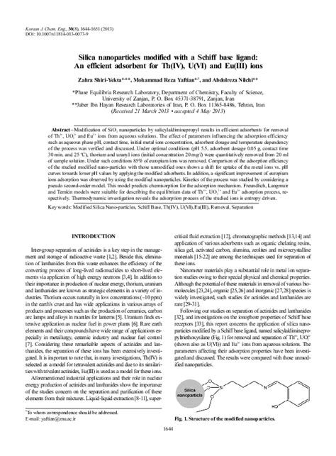 Pdf Silica Nanoparticles Modified With A Schiff Base Ligand An Efficient Adsorbent For Thiv