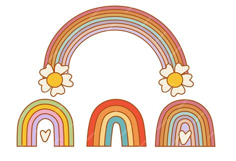 힙스터 복고풍 멋진 무지개 사이키델릭 요소 집합 빈티지 히피 스타일의 펑키 그림 프리미엄 벡터