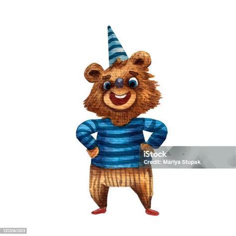 귀여운 옷을 입은 곰의 수채화 일러스트 자식 캐릭터 어린이 파티 일러스트레이션 만화 스타일 작은 재미있는 소년을 서 그림 책 그림 카니발 모자에 작은 영리한 소년 0명에