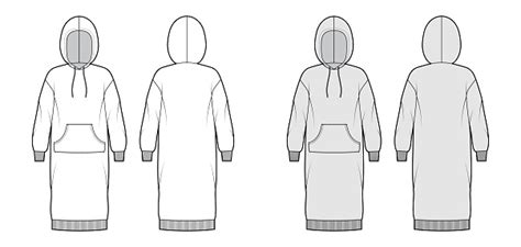 드레스 후드 기술 패션 일러스트 와 긴 소매 캥거루 파우치 리브 커프 오버사이즈 바디 무릎 길이 스커트 0명에 대한 스톡 벡터