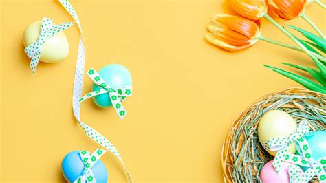 부활절 프레임 테이프 리본 봄 튤립 해피 부활절 장식에서 파스텔 노란색 배경에 깃털 화려한 달걀 플랫 레이의 축제 디자인 4월에 대한 스톡 사진 및 기타 이미지 Istock