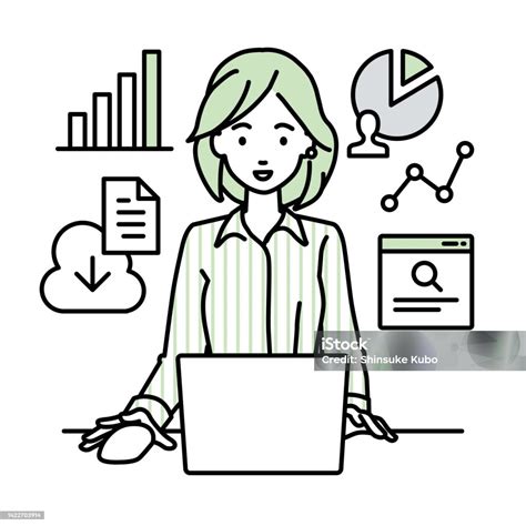 웹 사이트 검색 클라우드에서 파일 공유 분석 및 책상에서 보고서를 만들기 위해 랩톱 컴퓨터를 사용하여 셔츠 작업 스타일을 사용하는 여성 검색에 대한 스톡 벡터 아트 및 기타