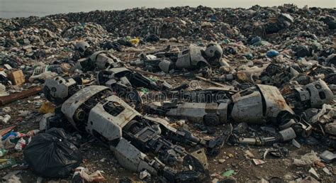 Discarded Robots In Landfill Broken Robots Lie Discarded Amongst Piles