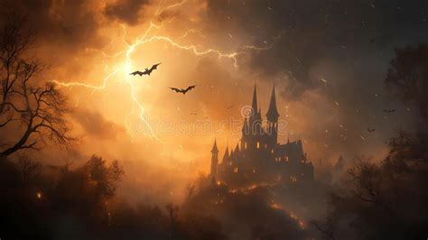 Eerie Gothic Castle Under A Lightning Storm With Bats Flying Amidst