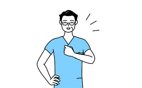 중년 수석 남자 간호사 물리 치료사 작업 치료사 언어 치료사 제복을 입은 간호 조수가 가슴을 두드리고 있습니다 가슴 두드리기에