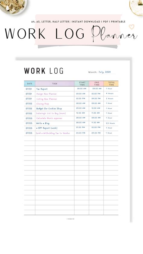 Printable Work Log Template Mrsneat