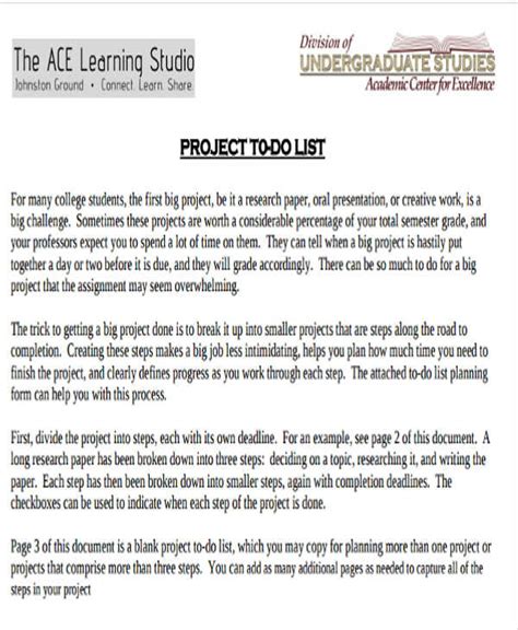 Project To Do List Templates Free Word PDF Format Download