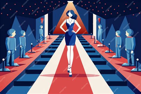 A Woman In A Blue Dress Confidently Struts Down A Runway During A