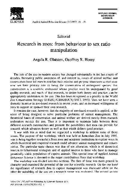 Pdf Research In Zoos From Behaviour To Sex Ratio Manipulation