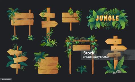 만화 게임 보드 숲 나무 요소 Ui 텍스트 아이콘 귀여운 트로픽 배너 인터페이스 식물 프레임 빈 목재 광고판 포인터 간판 잎 또는 덩굴 식물 벡터 간판 세트 우림에 대한