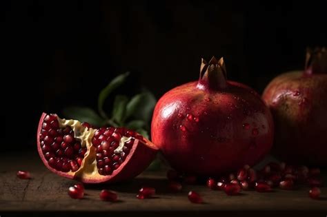 Premium Ai Image Ripe Pomegranate With Juicy Seeds On Old Wooden Table Neural Network Ai Generated