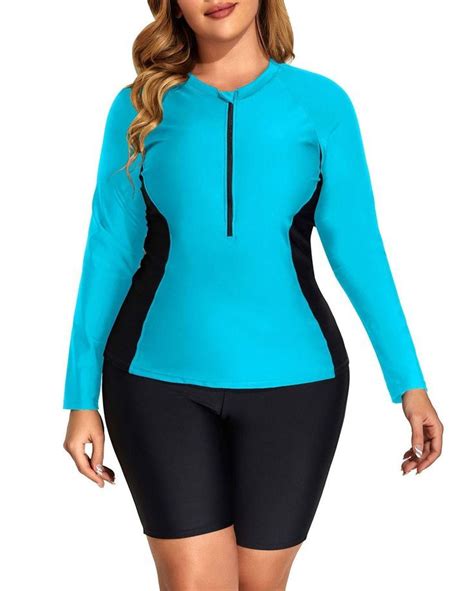 Daci Women 2 Piece Plus Size Long Sleeve Rash Guard Bathing Suit Zip