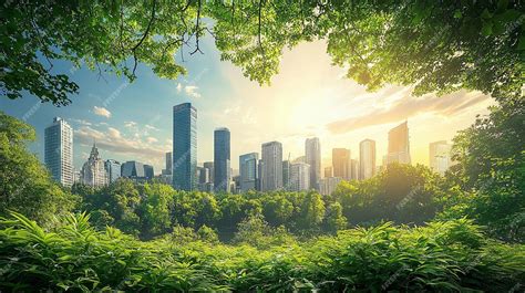 Green City Skyline Through Trees Premium Ai Generated Image