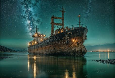 Abandoned Freighter Shipwreck At Night Under Milky Way Dramatic