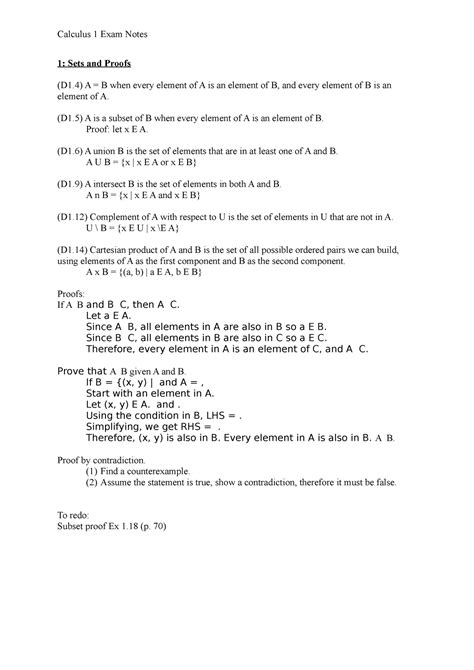 Calc 1 Exam Cheat Sheet 1 Sets And Proofs D1 A B When Every