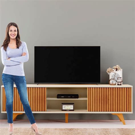 Rack Para Tv Até 75 Polegadas 100 Mdf Com Ripado 2 Portas De Correr 180cm Gaia Madeiramadeira