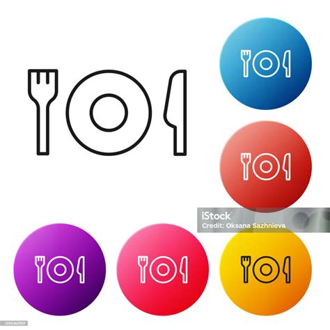 흰색 배경에 격리 된 검은 줄 플레이트 포크 및 나이프 아이콘 칼 붙이 기호 레스토랑 간판 아이콘 을 다채로운 원 버튼을 설정합니다 벡터 그릇에 대한 스톡 벡터 아트 및