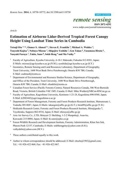 Pdf Estimation Of Airborne Lidar Derived Tropical Forest Canopy Height Using Landsat Time