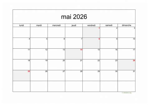 Calendrier Mai 2026
