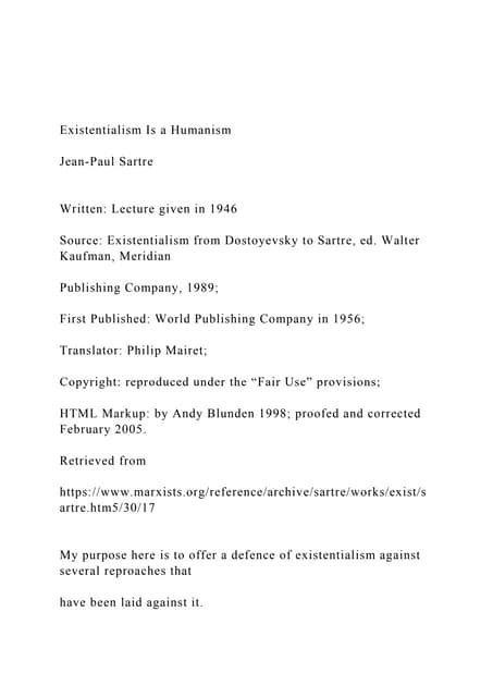 Existentialism Is A Humanism Jean Paul Sartre Writtdocx Agnosticism Religion And Spirituality
