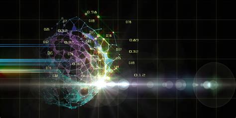 흐린 선과 렌즈 효과가 있는 추상구형 알고리즘 분석 데이터 Ai 비즈니스 및 과학 프리젠 테이션 배너에 대한 미래 기술 개념