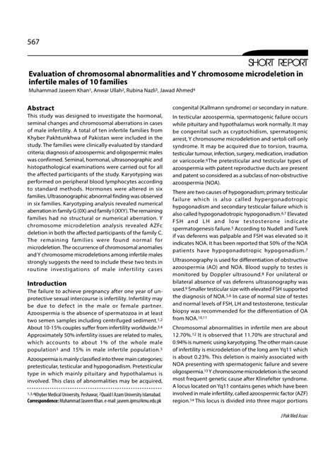 Pdf Evaluation Of Chromosomal Abnormalities And Y Chromosome Microdeletion In Infertile Males