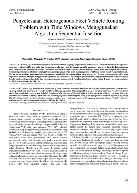 Pdf Penyelesaian Heterogenous Fleet Vehicle Routing Problem With Time