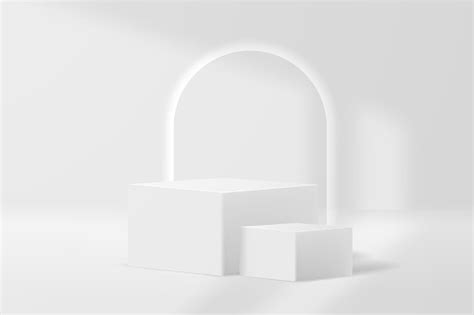둥근 네온 조명 배경이 있는 흰색 현실적인 3d 정사각형 받침대 연단 추상 벡터 렌더링 기하학적 플랫폼 제품 전시 프리젠 테이션
