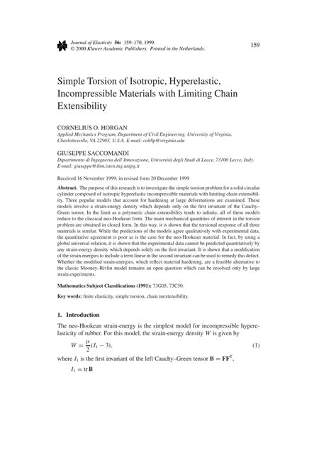 Pdf Simple Torsion Of Isotropic Hyperelastic Incompressible Materials With Limiting Chain