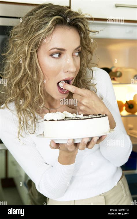 Woman Cream Gateau Nibble Background Fridge Opened Portrait