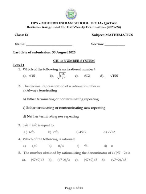 Class Ix Half Yearly Revision Assignment 2023 24 Download Free Pdf