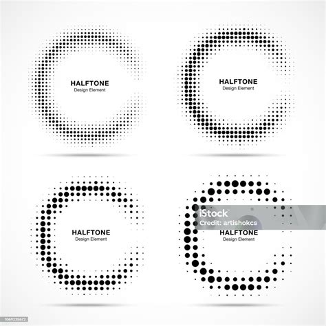 하프톤 불완전 한 원형 프레임 점 로고에 고립 된 흰색 배경을 설정합니다 치료 기술에 대 한 원형 부분 디자인 요소입니다 하프 라운드 테두리 하프톤 원 점 텍스처를 사용 하