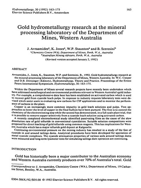 Gold Hydrometallurgy Research At The Mineral Processing Laboratory Of