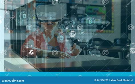 Animation Of World Map Over Caucasian Girl With Vr Headset Stock