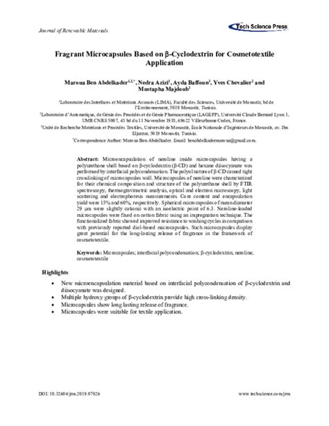 Pdf Fragrant Microcapsules Based On β Cyclodextrin For Cosmetotextile