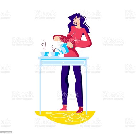 차를 만드는 여자 테이블에 찻주전자에서 뜨거운 음료를 붓는 가을에 대한 스톡 벡터 아트 및 기타 이미지 가을 가정 생활