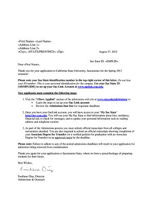 Fillable Online Csus Spring Application Acknowledgment Letter Email Csus Fax Email Print