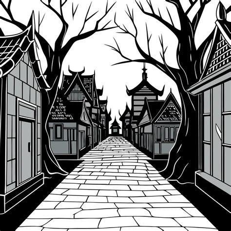 Mysterious Scary Empty Street Of Autumn Asian Old Town 3d Art Fantasy