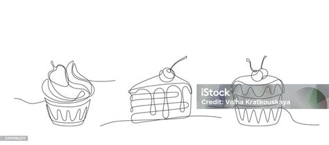 연속 선 그리기 스타일의 딸기를 곁들인 케이크 세트입니다 머핀 컵 케이크의 단일 한 선 스타일 그림 Сontour 라인 달콤한 생과자 손으로 그린 낙서 개념 편집 가능한 획